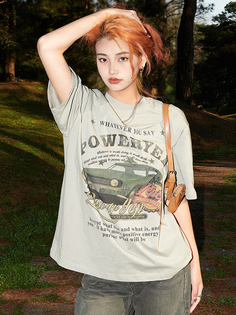 YEP American retro avocado green pure cotton short-sleeved T-shirt for ...