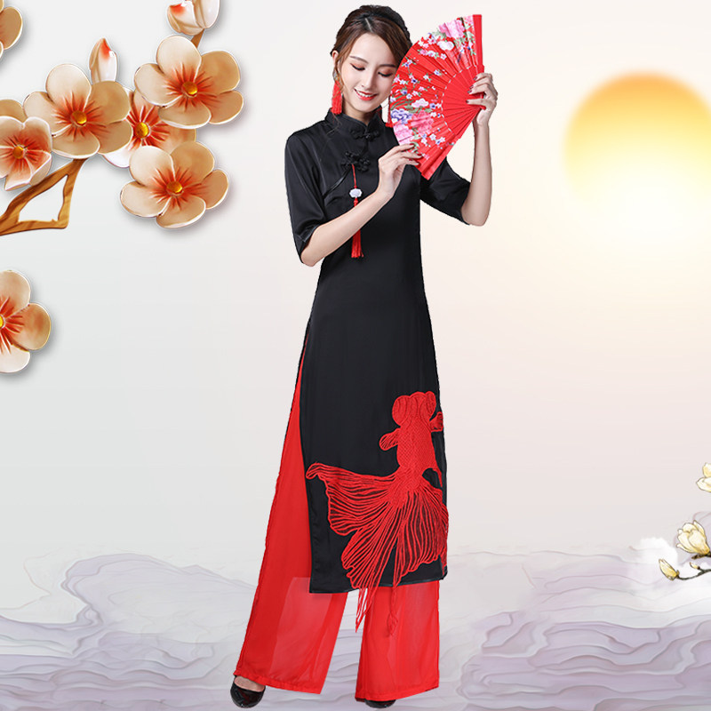 High-End Cheongsam Catwalk Costume Suit with Wide-Leg Pants