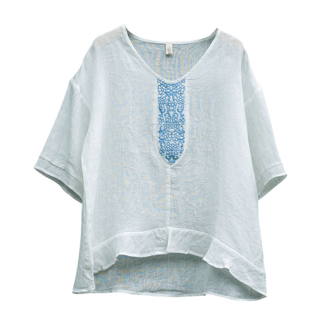 Liney V -neck Embroidery New Chinese Loose Top White Literature and Art ...