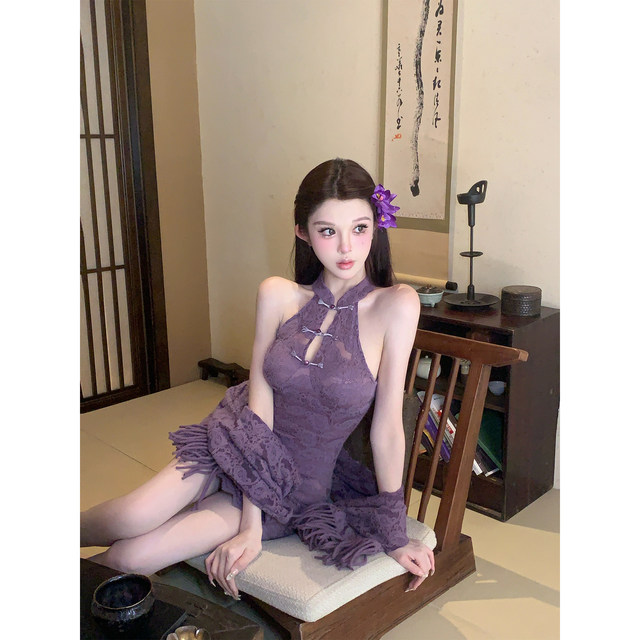 Xiang Swan Er purple hanging neck dress 2024 autumn new Chinese new ...