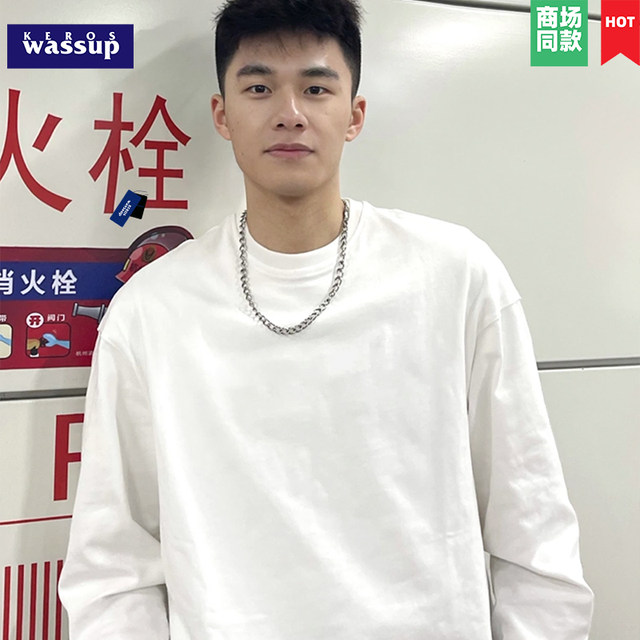 Buy one get one free 260g pure cotton long-sleeved T-shirt for men pure white round neck ...