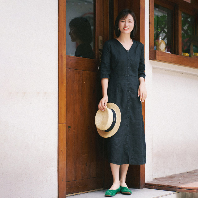 Suo Jia Shi Shi Shi simple commuting black hemp dress summer new slim ...