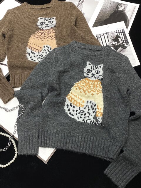 CCA homemade American hottie style retro cat pattern round neck ...