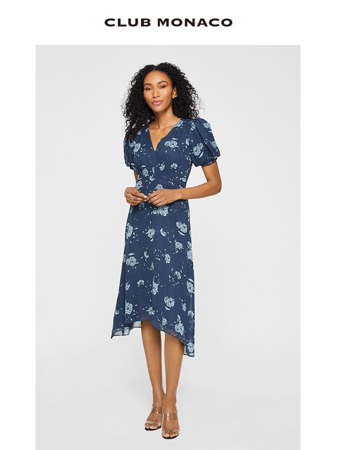 CLUB MONACO women's spring and summer V-neck printed pastoral style tea ...