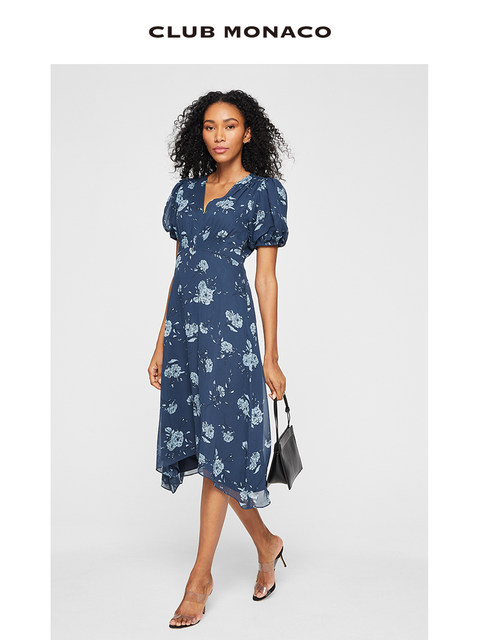 CLUB MONACO women's spring and summer V-neck printed pastoral style tea ...
