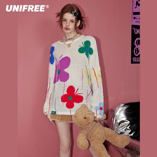 UNIFREE Contrast Color Round Neck Sweater Women's Imitation Mohair Soft ...