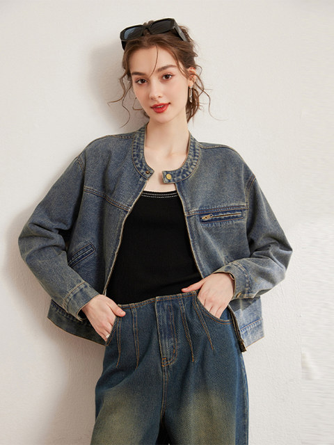 Bailuyu Fashion Round Neck Denim Jacket 2024 Autumn Retro Washed Non ...