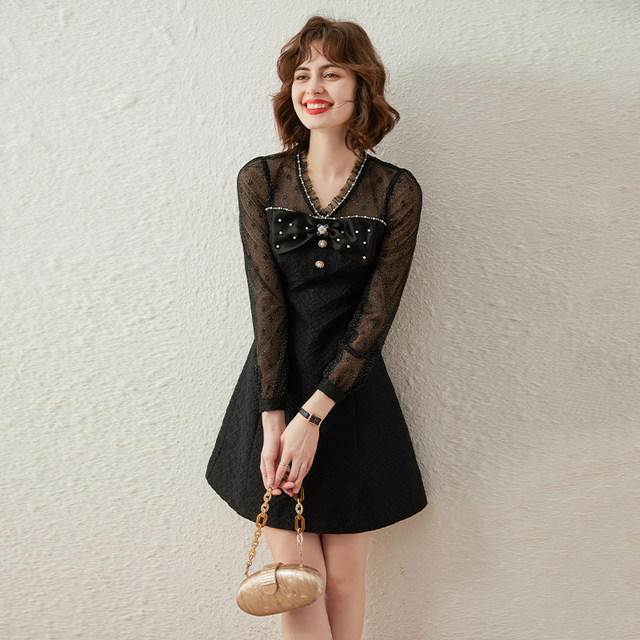 White Deer temperament wood ear ear V -neck dress 2023 Autumn new elegant bow stitching mesh skirt