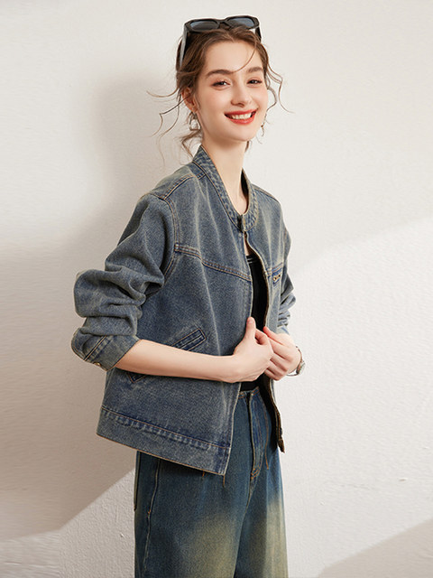 Bailuyu Fashion Round Neck Denim Jacket 2024 Autumn Retro Washed Non ...