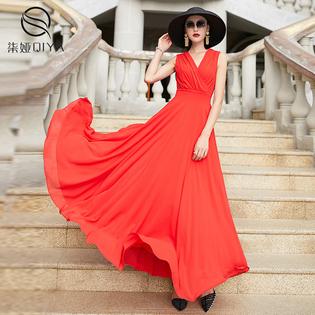 Ya Ya red chiffon dress female summer waist is thin 2024 new beach ...
