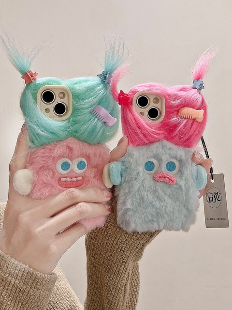 Qiqian plush diy hairpin monster iPhone15 mobile phone case suitable for Apple 14/13 promax cute ...