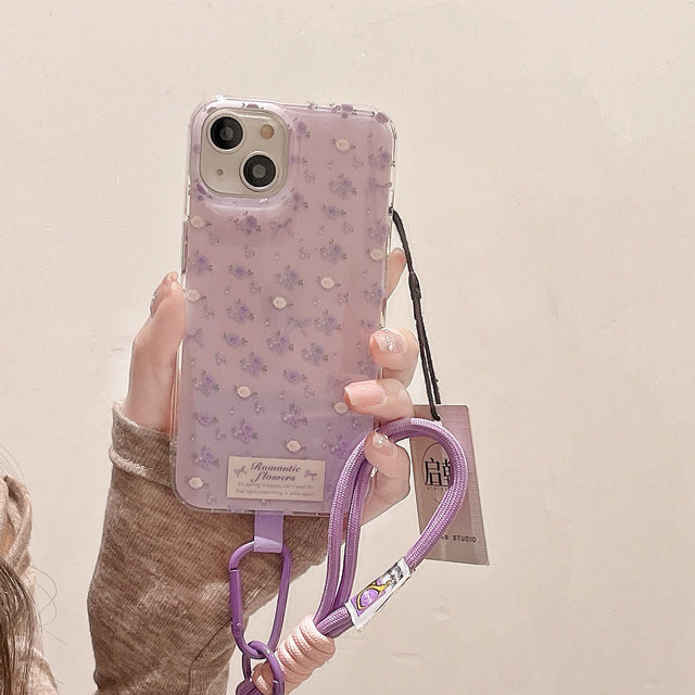 Qiqian purple floral bow wristband iPhone15 mobile phone case suitable for Apple 14/13 promax ...