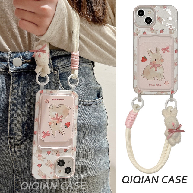 Qiqian bow rabbit strawberry wristband iPhone 16/15 mobile phone case suitable for Apple 14/13 ...