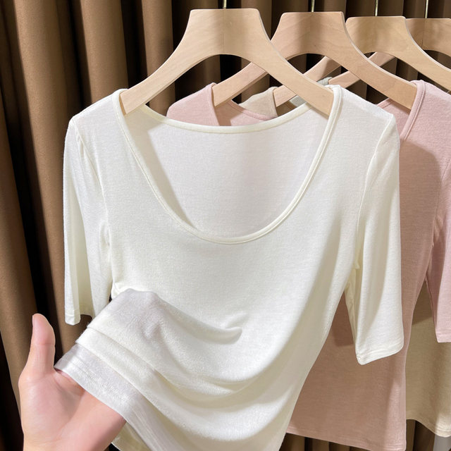 Pink large round neck inner layering shirt for women summer mid-sleeve ...