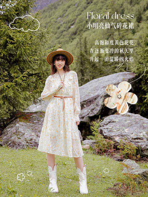 Lagogo Lagogu autumn new style temperament ruffled chiffon floral long ...