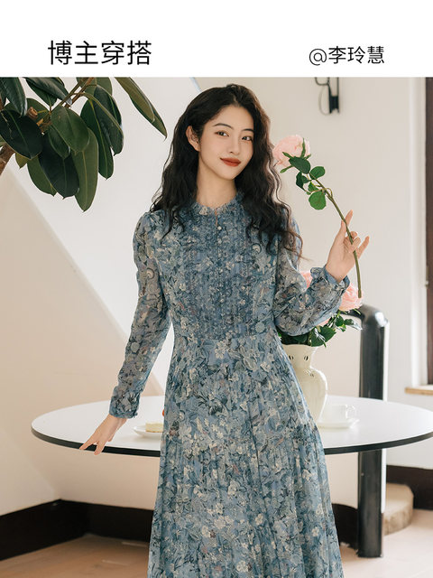 VGRASS women's silk dress 25 spring new style slightly fat waist and long sleeves