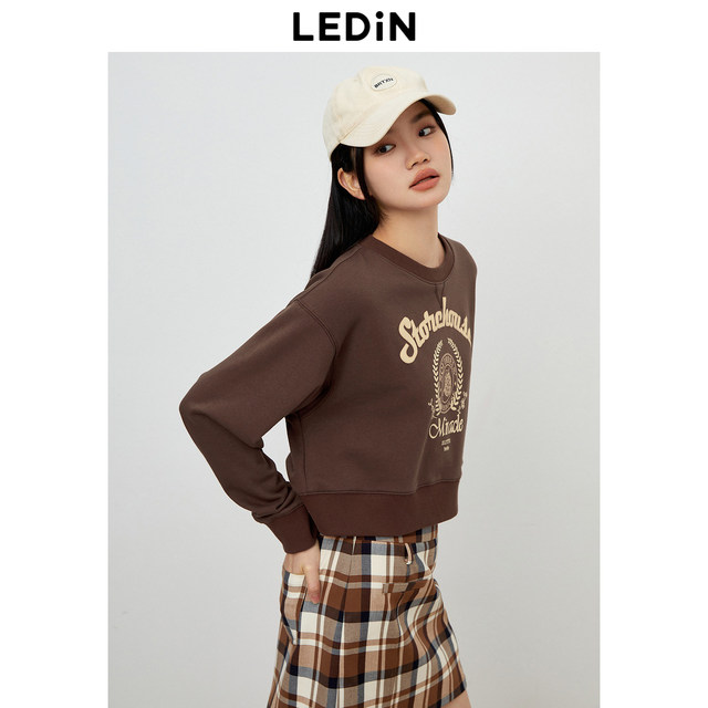 Leding retro coffee color short sweatshirt autumn new letter print ...