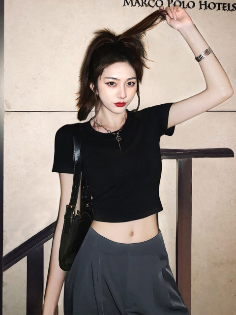 Short T-shirt for women's short-sleeved black navel high waist tight ...