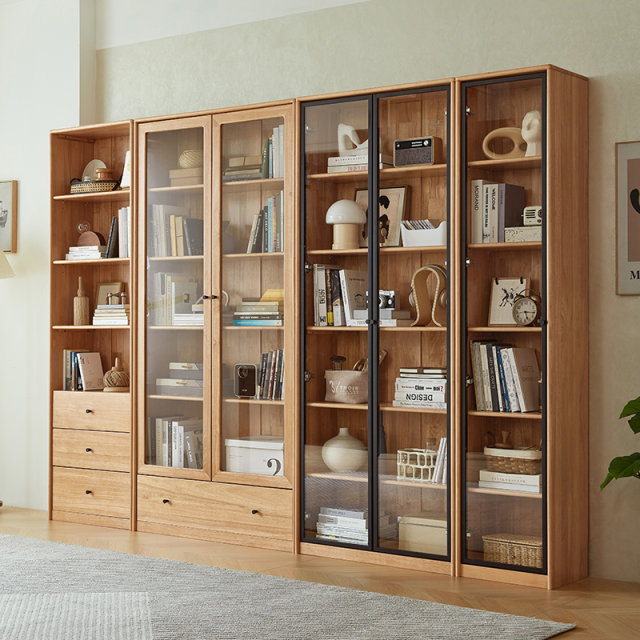 Lin's solid wooden book cabinet entire wall bookshelves living room ...