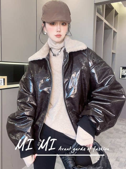 Long -sleeved zipper Cascus leather coat lapel bubble sleeve leather ...