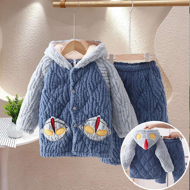 Boys' Winter Flannel Pajamas Hooded Fleece-lined thickened Baby's Three ...