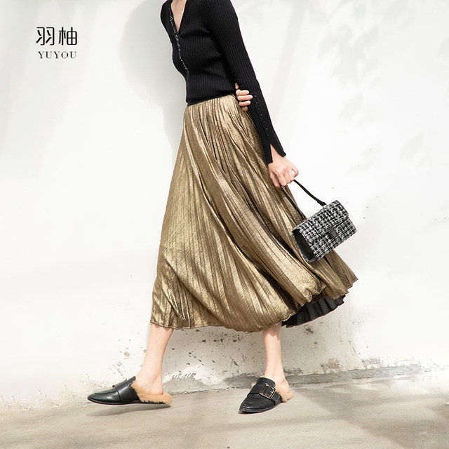 Yuyou retro metal drooping pleated skirt flowing gold brushed elastic ...