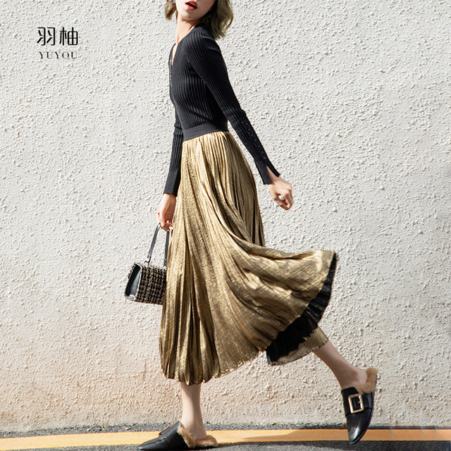 Yuyou retro metal drooping pleated skirt flowing gold brushed elastic ...