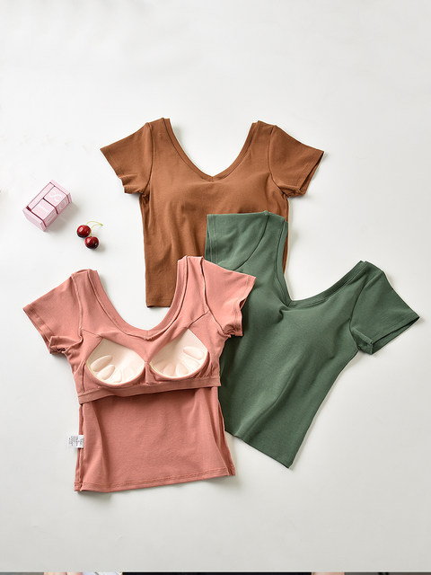 Cotton short -sleeved T -shirt women with chest pad bottom shirt V ...