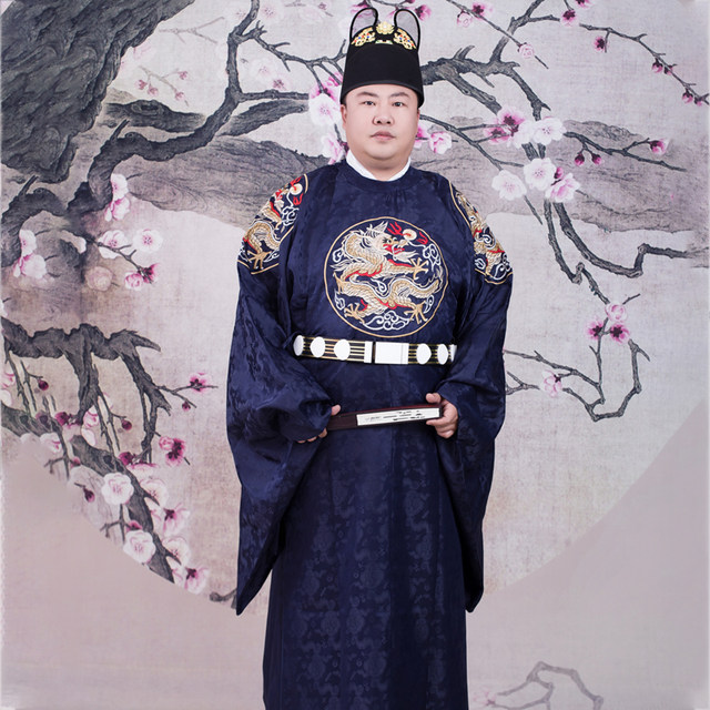 Junyu Ming Dynasty Round Collar Robe Men's Hanfu Blue Chinese Style ...