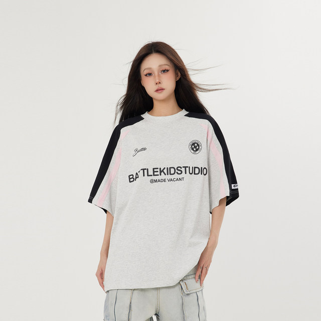 SREK American retro color block letter printed short-sleeved T-shirt ...