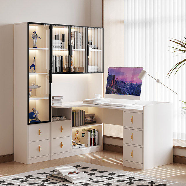 Corner desk bookshelf integrated light luxury solid wood computer desk ...