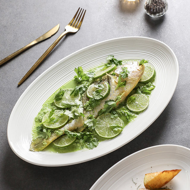 Pure white ceramic oval fish plate, household steamed fish plate, large ...