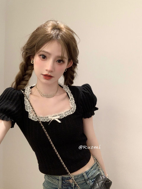 Black bow square neck short-sleeved T-shirt for women in summer design ...