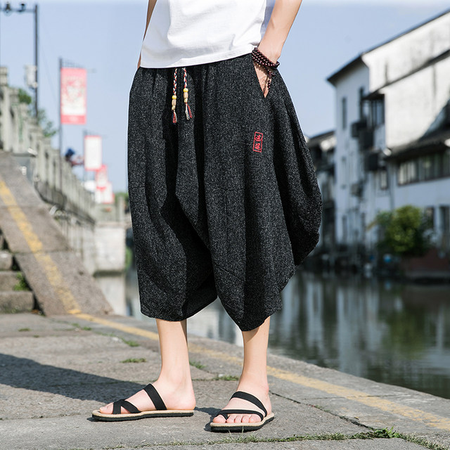 Chinese style men's bloomers summer thin linen breathable cropped pants ...