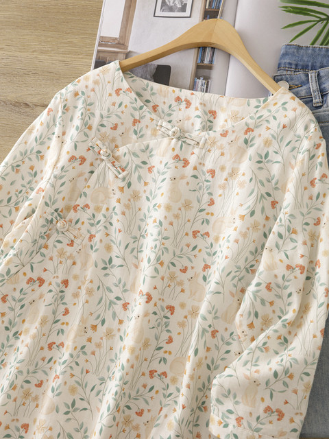 Summer literary retro printed slanted placket button cotton tile shirt ...