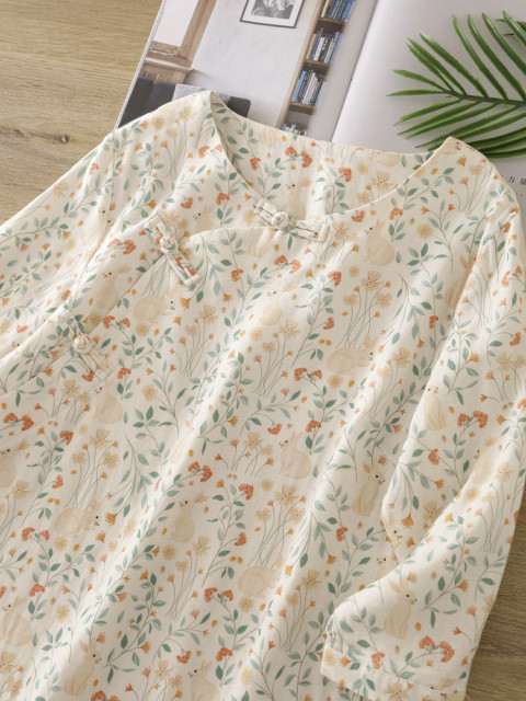 Summer literary retro printed slanted placket button cotton tile shirt ...