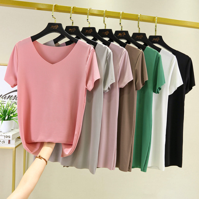 V-neck short-sleeved solid color ice silk top summer thin solid color ...