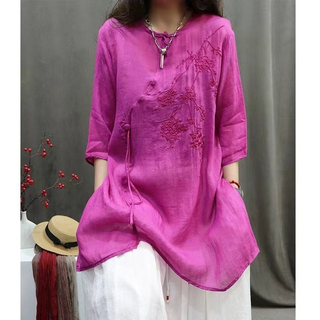 2024 summer new retro buckle embroidered mid-length shirt for women ...