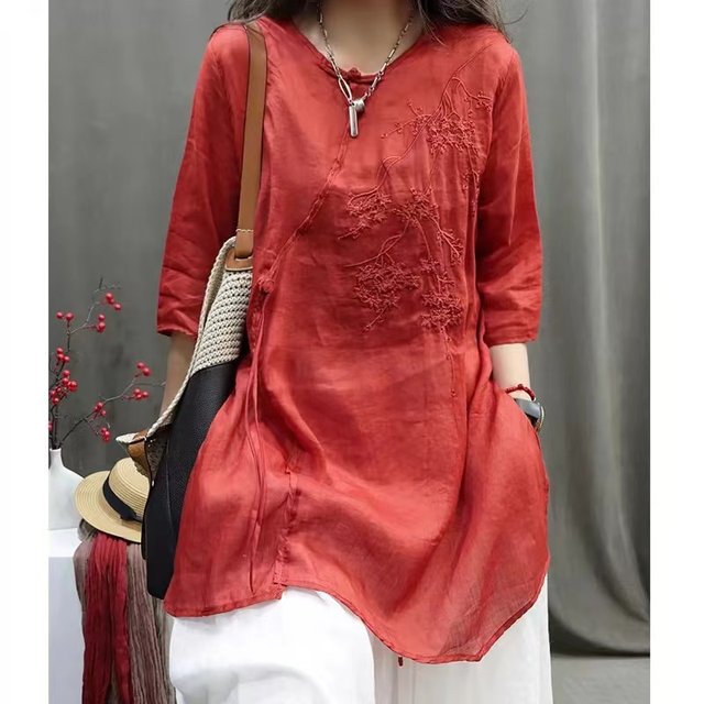 2024 summer new retro buckle embroidered mid-length shirt for women ...