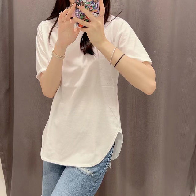 Fitting room women's 2024 summer smooth cotton curved hem long T-shirt ...