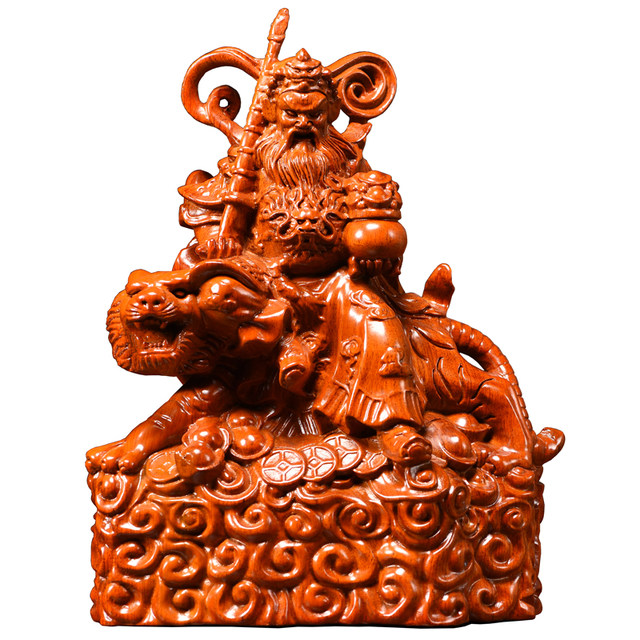 Rosewood carved tiger riding Zhao Gongming statue ornaments Wu Caishen ...
