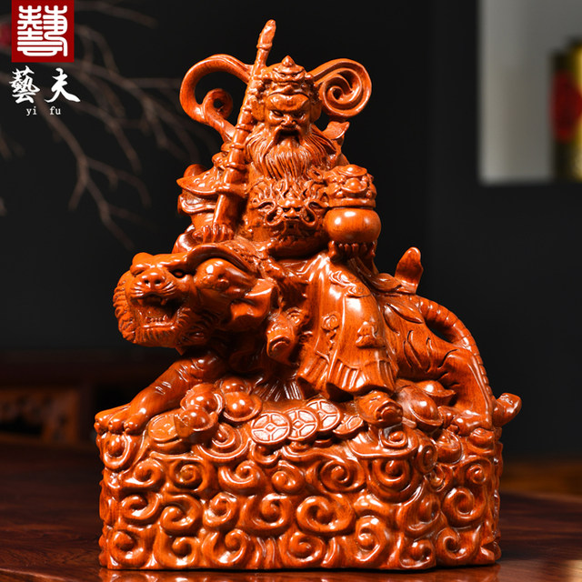 Rosewood carved tiger riding Zhao Gongming statue ornaments Wu Caishen ...