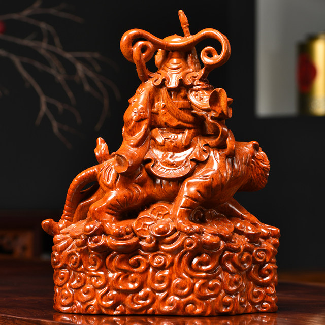 Rosewood carved tiger riding Zhao Gongming statue ornaments Wu Caishen ...