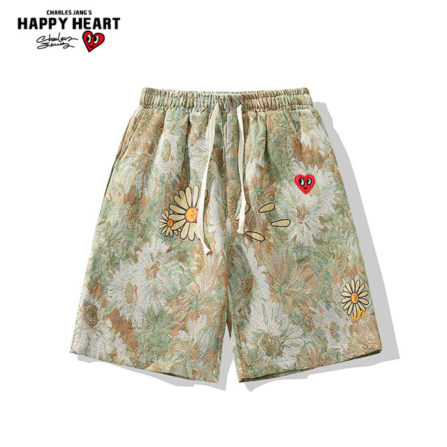 Charles Peach Heart Shorts Men's Summer Loose 2025 New Hawaiian Flower ...