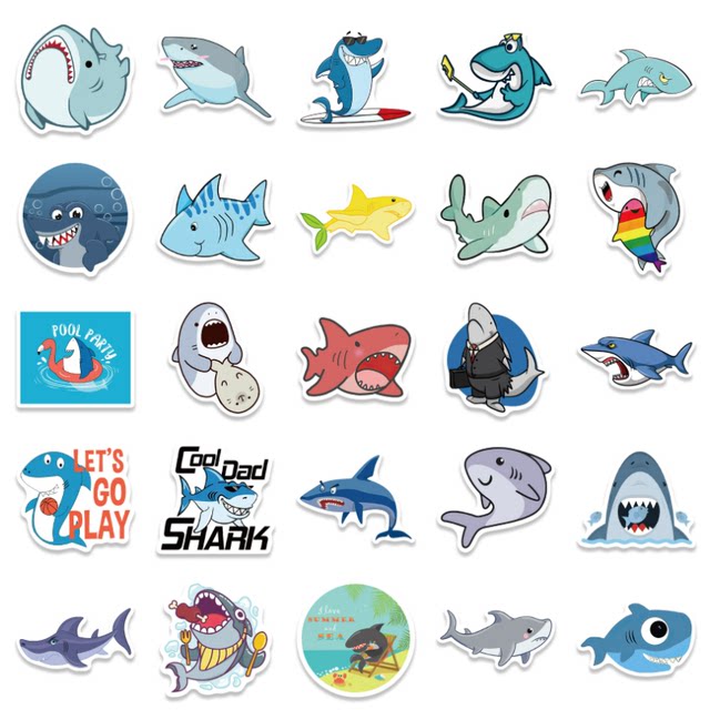 50 Cartoon Cute Shark Stickers Personalized Decoration Luggage Laptop ...
