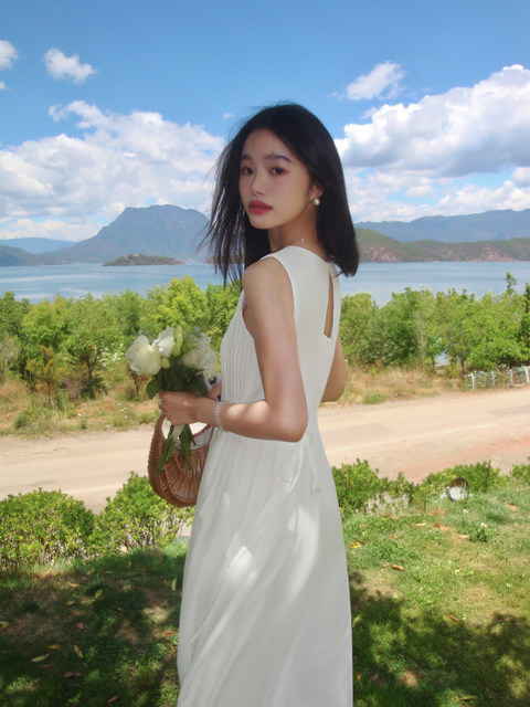 Pusumede white round neckless sleeveless dresses female summer French ...