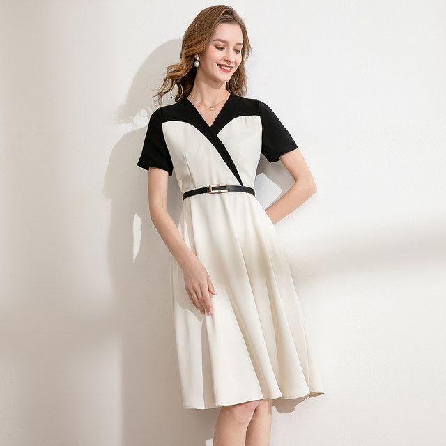 High-end V-neck contrast color dress temperament commuter OL short ...