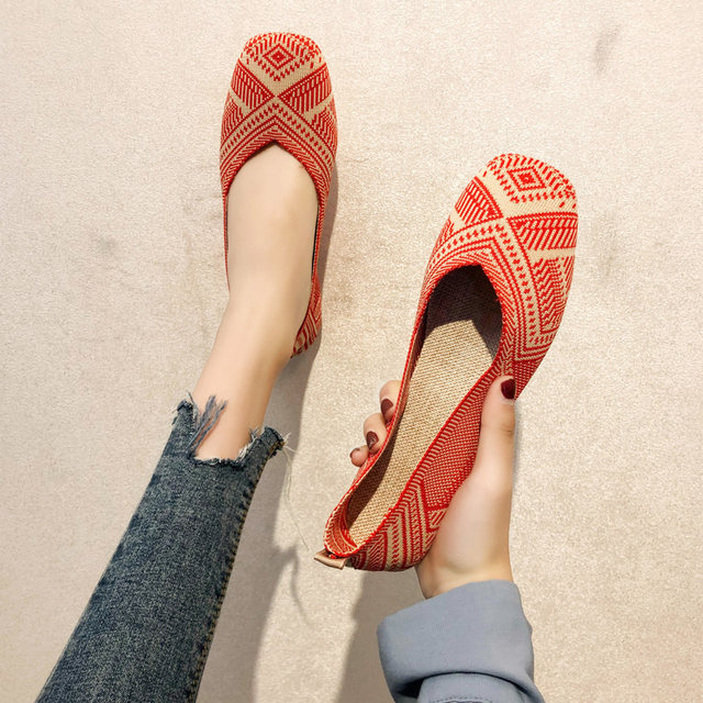 Flat square toe bean braided retro ethnic style spring and summer ...