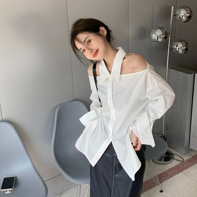 One-shoulder halter neck long-sleeved shirt women's spring and autumn ...