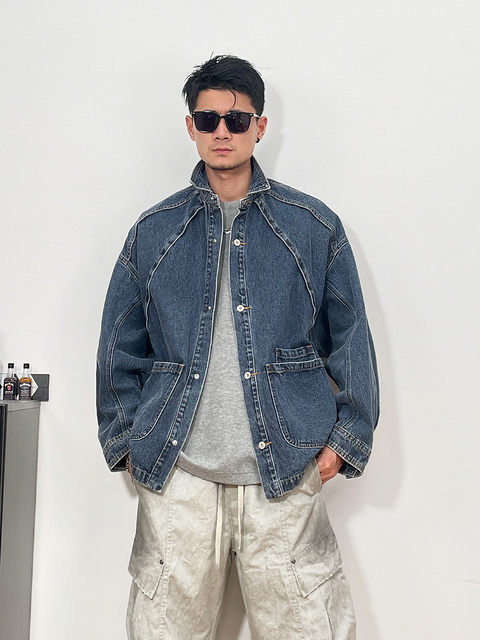 Blue washing work clothes denim jacket men's spring new American retro ...